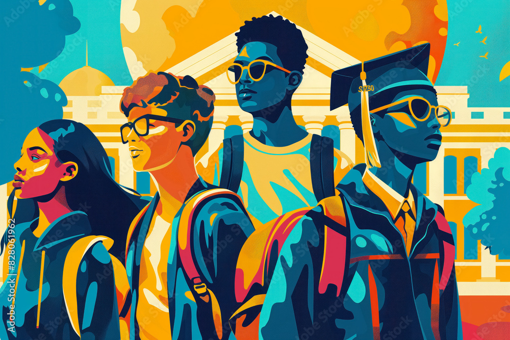 vibrant vector artwork of diverse college students with university ...