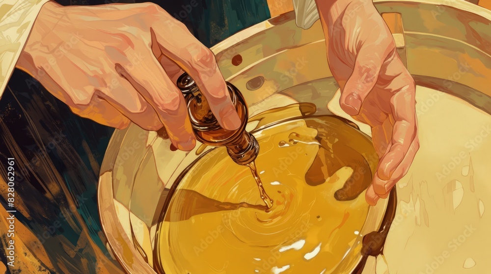 An illustration depicting a hand pouring Ramtil oil from a glass vial ...