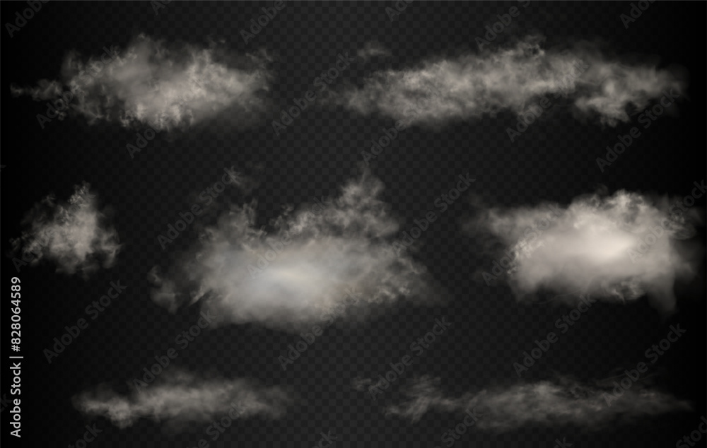 Set of the vector realistic clouds isolated on dark transparent ...