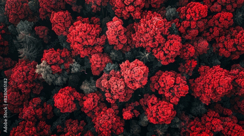 Aerial top view of red trees in forest. Drone view of dense red tree ...