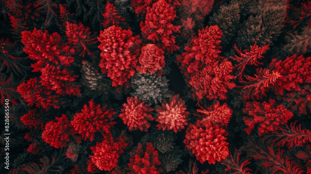 Aerial top view of red trees in forest. Drone view of dense red tree ...