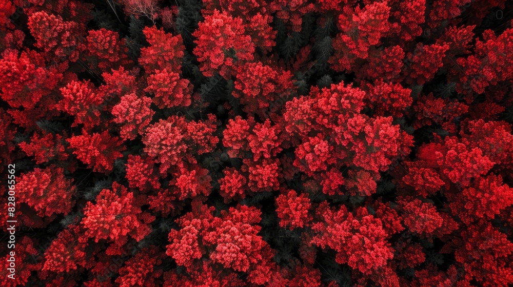 Aerial top view of red trees in forest. Drone view of dense red tree ...