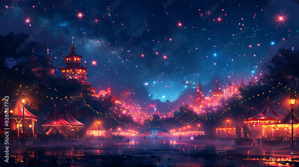 illustration of a magical carnival under the stars with colorful tents ...
