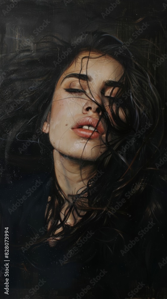 oil painting 35 year old girl woman, Hair blowing in her face, Dark ...
