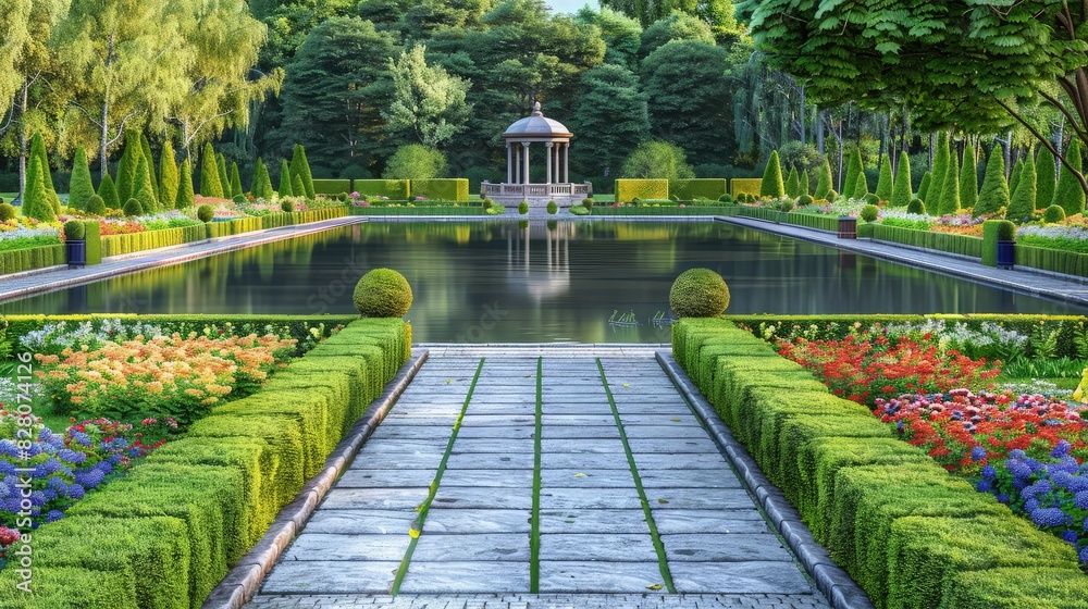 A beautifully maintained park landscape with a rectangular lake ...