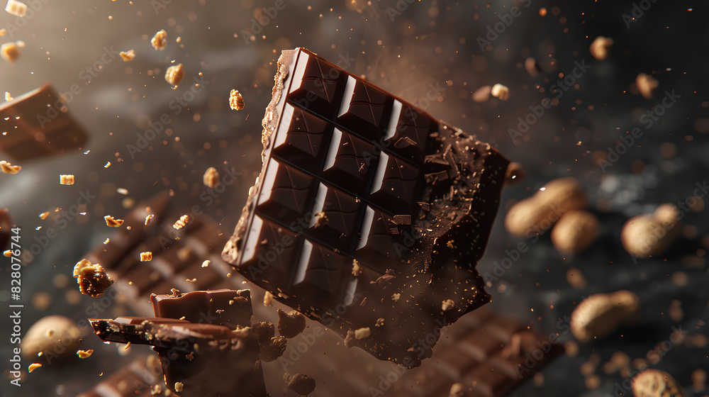 Chocolate bar wafer falling with choc flake in the air isolated on ...