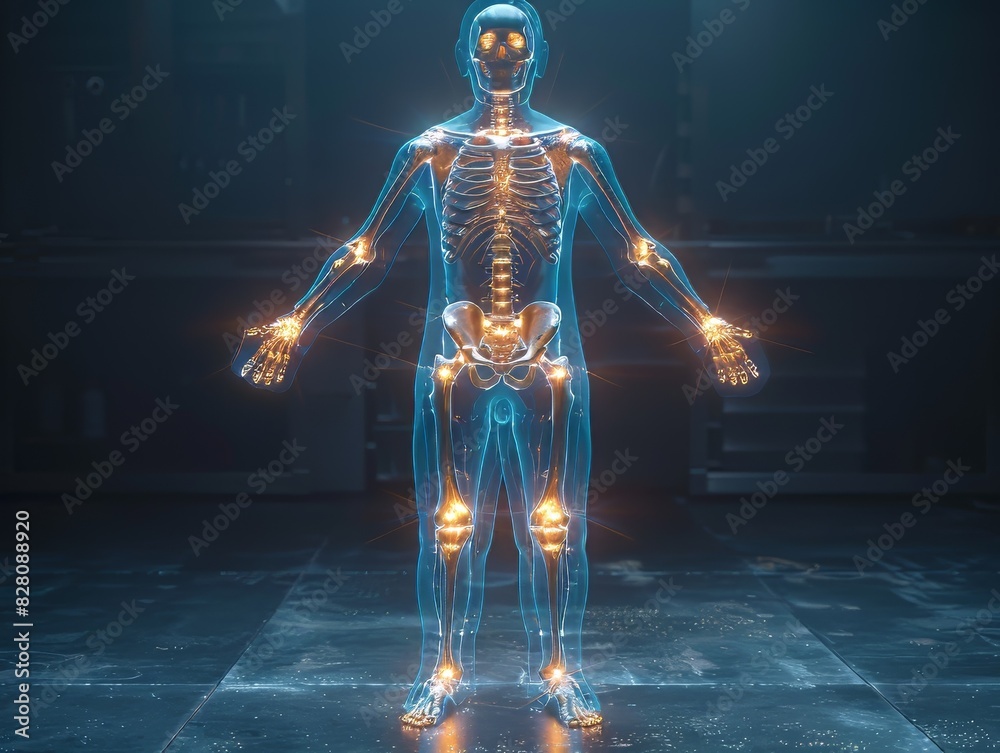 Digital representation of a human skeleton with highlighted joints on ...