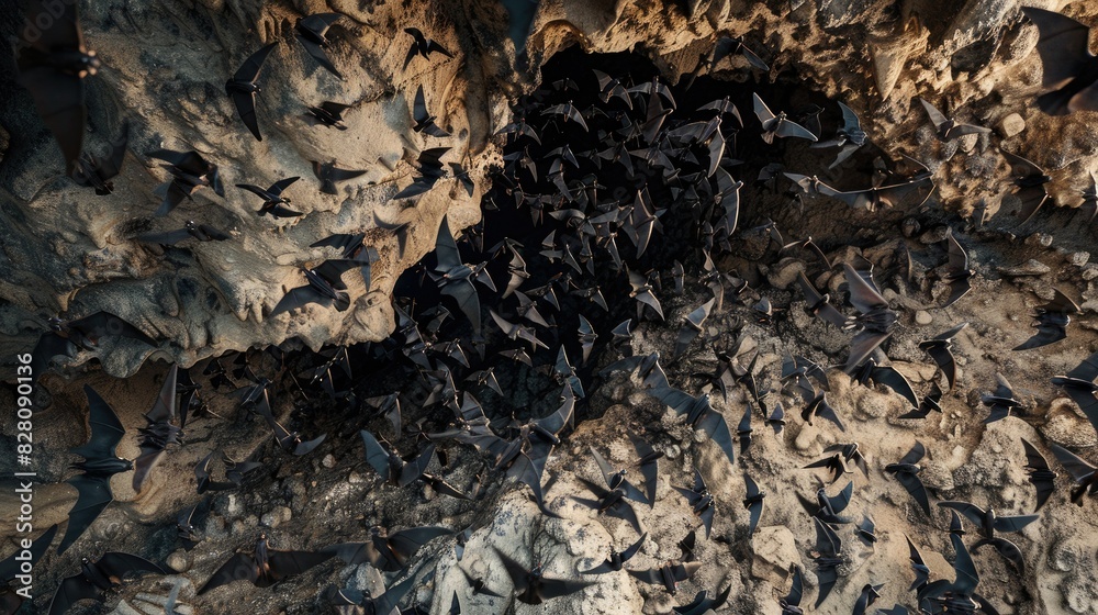 Bird's-eye view of bats swarming into a cave, revealing the mesmerizing ...