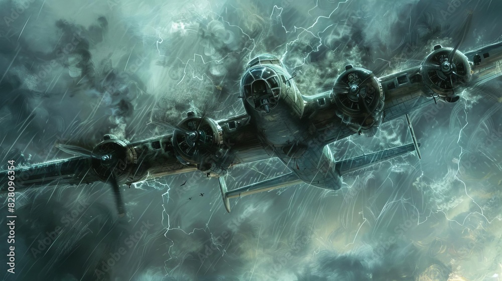 Illustrate a haunted WWII bomber, with ghostly auras trailing from its ...