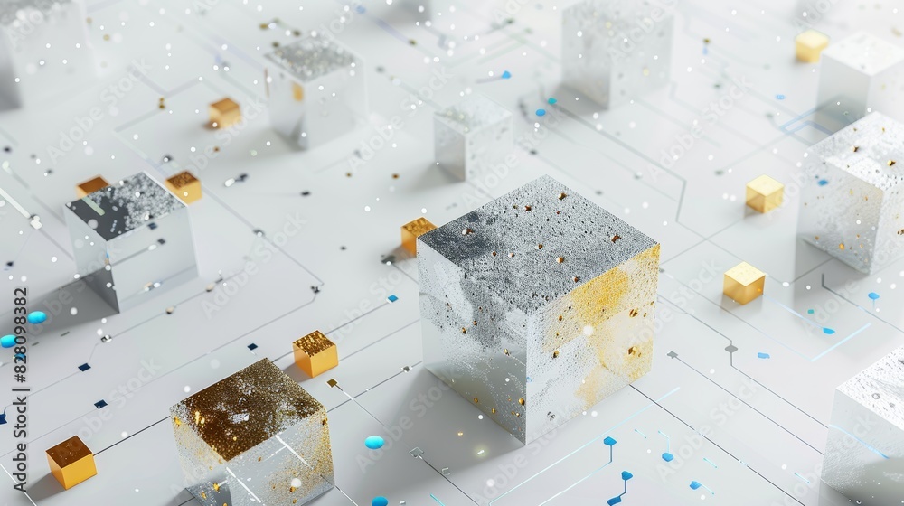 A white background with small cubes of different sizes and colors, each ...