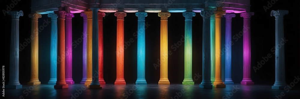 roman greek columns rainbow lighting on plain black background banner ...