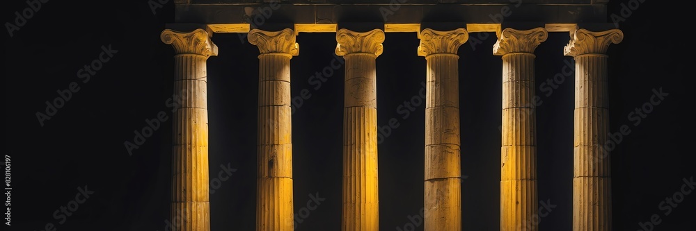 roman greek columns with yellow lighting on plain black background ...