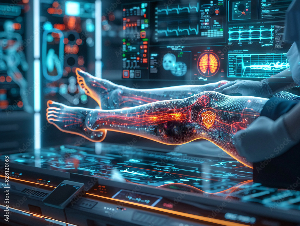 Radiologist examining a patient's leg with an ultrasound device, high ...