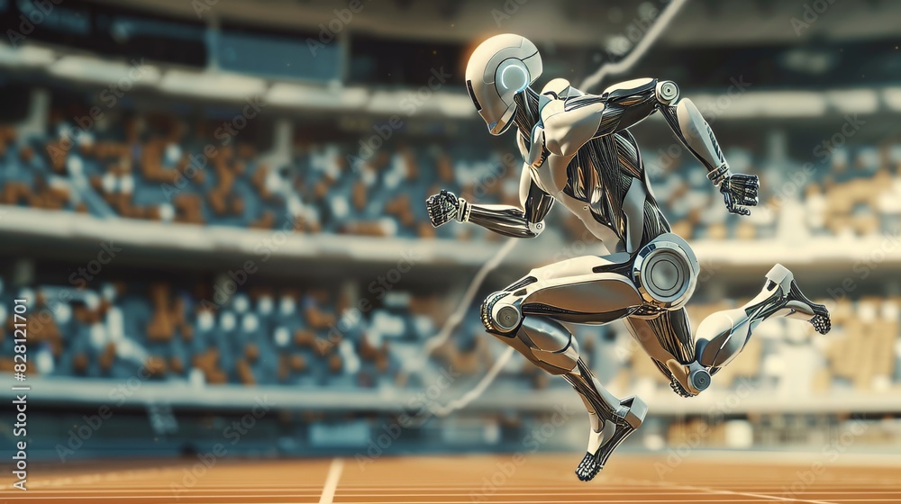 A full-body side view of a robot running in a race, with a sense of ...
