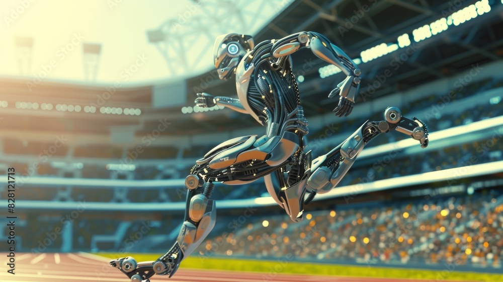 A full-body side view of a robot running in a race, with a sense of ...