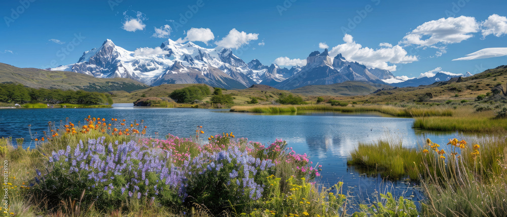 Green wide beautiful landscape with big river and flower fields with ...