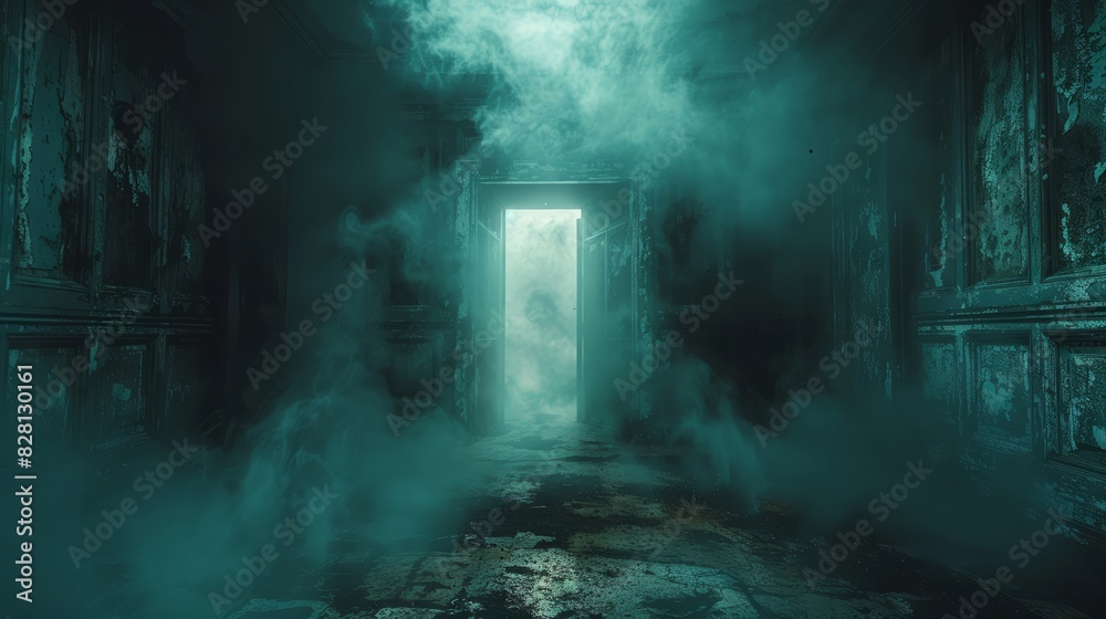 Dark room enveloped in thick fog, with a faint light piercing through ...