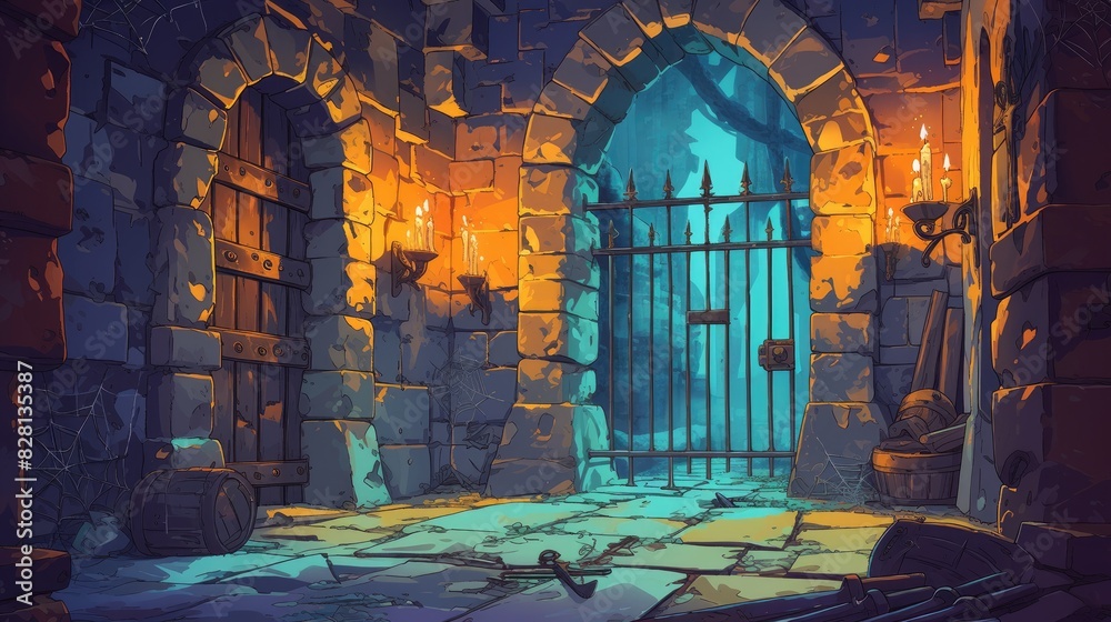 Illustration of a medieval dungeon within a castle complete with torch ...