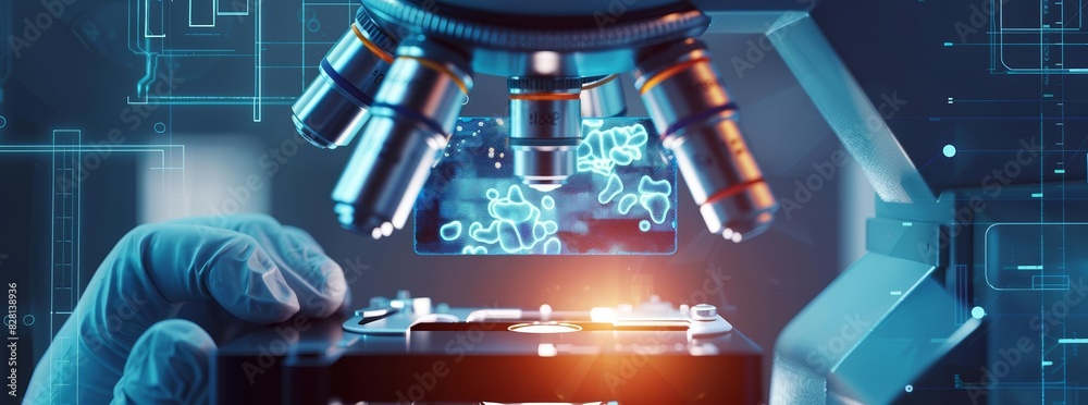 Placing a specimen slide under a microscope to study its microstructure ...