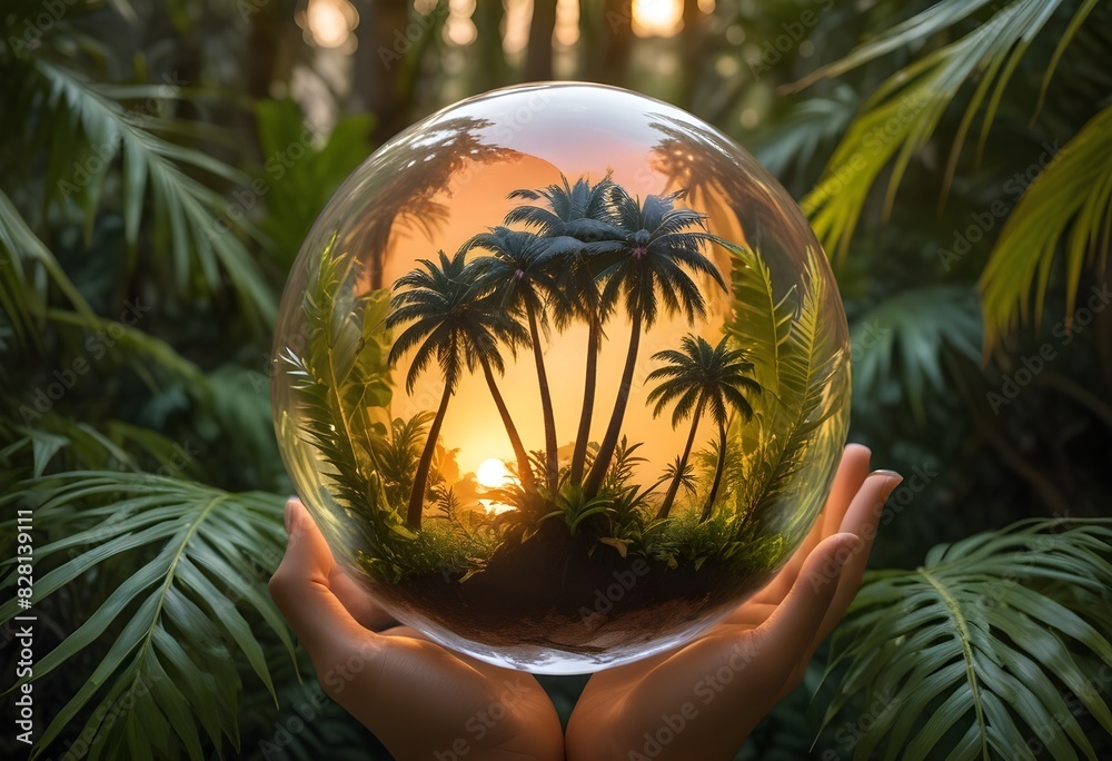 Close up to nature with a clear round object wrapped around a plant and ...