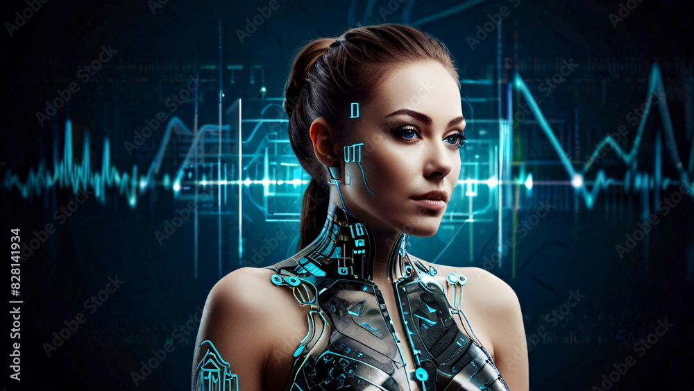 Beautiful face of robot woman with computer chips implanted and dark ...