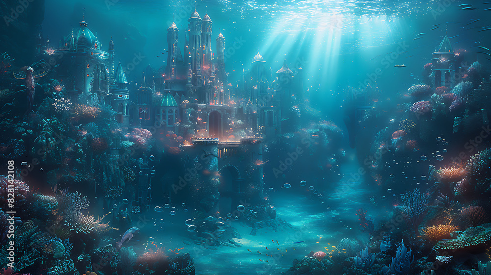 illustration of a mythical underwater kingdom with mermaids sea ...