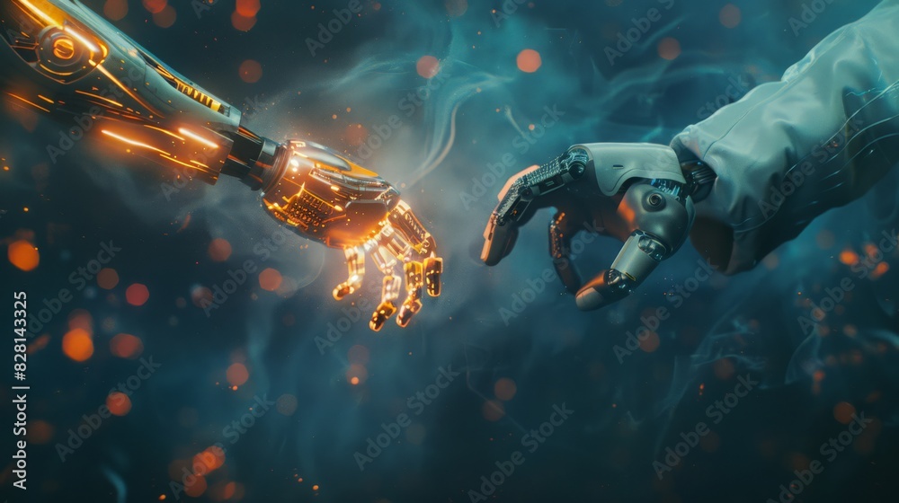 In the metaverse, the joining of human and robot hands represents the ...