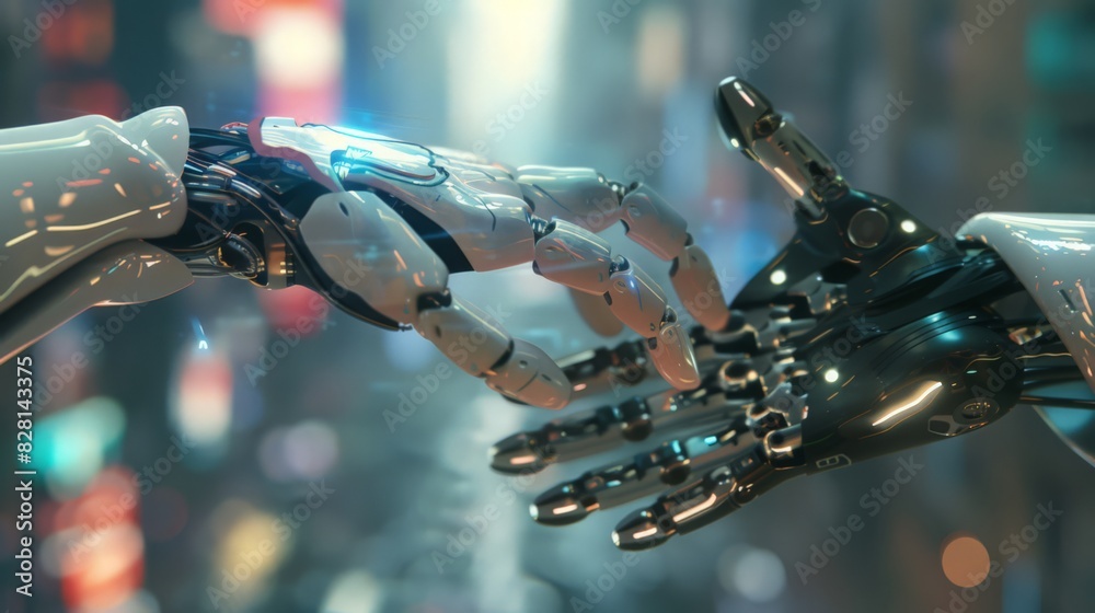 In the metaverse, the union of human and robot hands highlights the ...