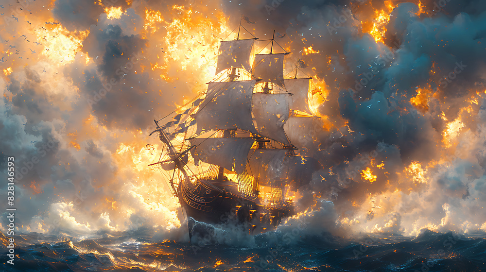 illustration of a pirate ship sailing the high seas with swashbuckling ...