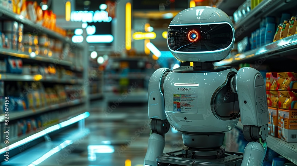 In a brightly lit store, the robot methodically checks price tags and ...