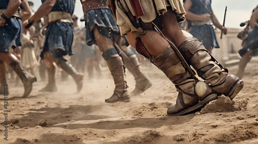 Realistic illustration of a fierce gladiator attacking, running ...