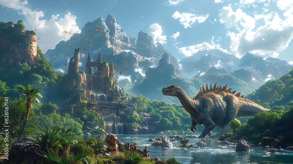 illustration of a prehistoric jungle teeming with dinosaurs ancient ...