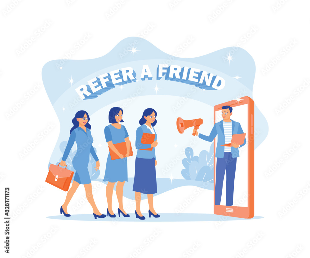 Man using a megaphone. Refer friends to share business on social media ...