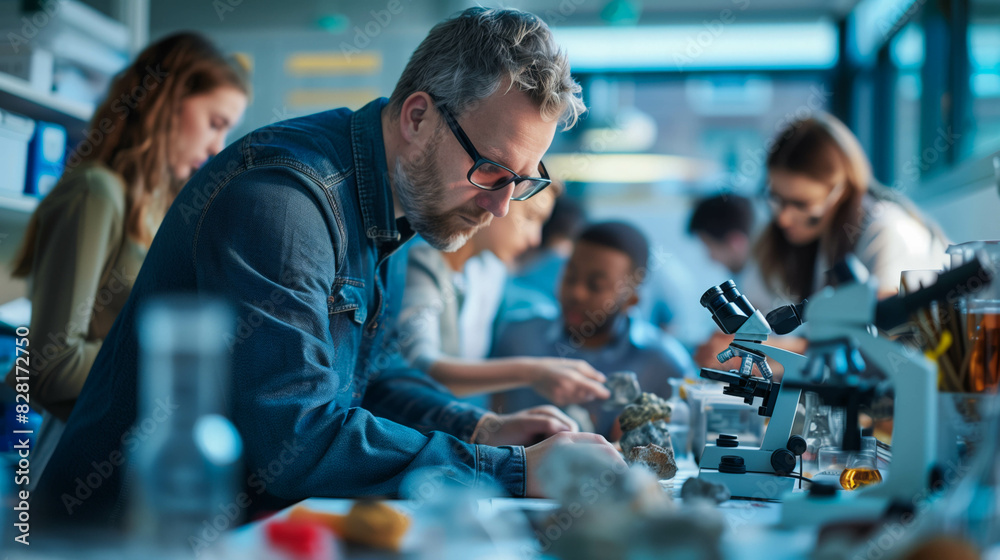 Male Teacher Conducting Hands-On Geology Lesson with Students Stock ...