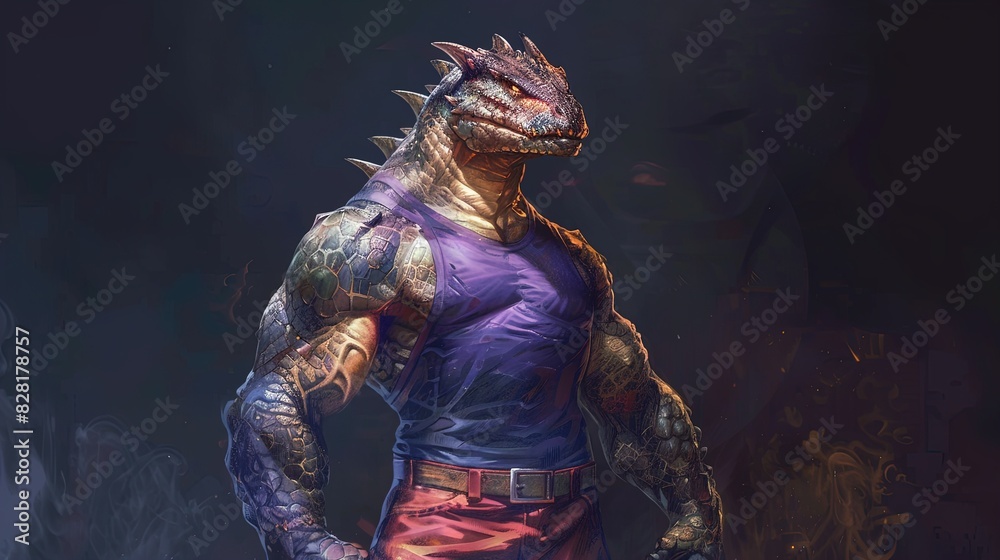 Anthropomorphic muscular dragon wearing red pants in a dark environment ...