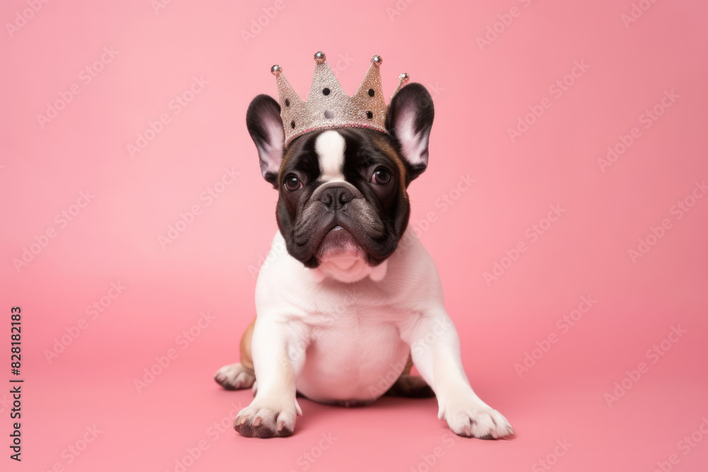 Black and white french Bulldog puppy wearing gold princess crown ...