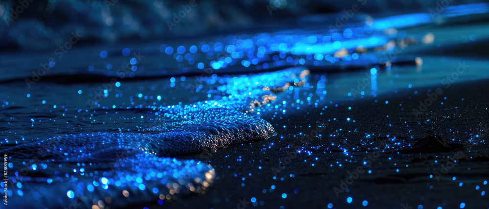 the sparkling blue light of the beach tears the sea fireflies shining ...