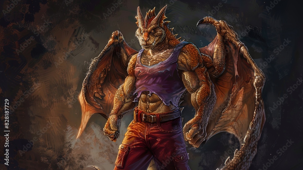 Anthropomorphic muscular dragon wearing red pants in a dark environment ...