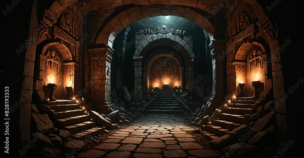 underground catacombs medieval fantasy dark tomb with walkways skulls ...
