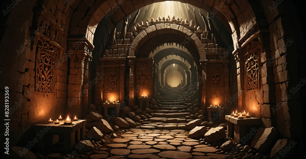 underground catacombs medieval fantasy dark tomb with walkways skulls ...