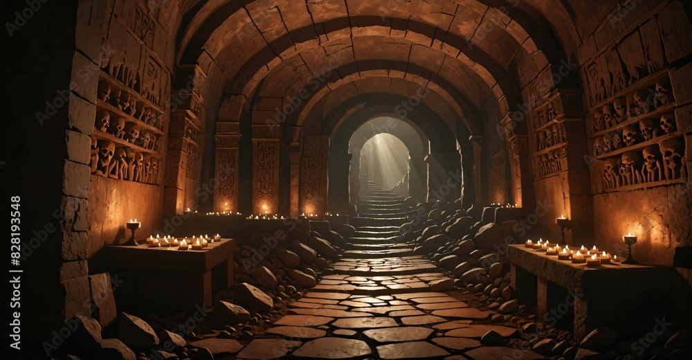 underground catacombs medieval fantasy dark tomb with walkways skulls ...