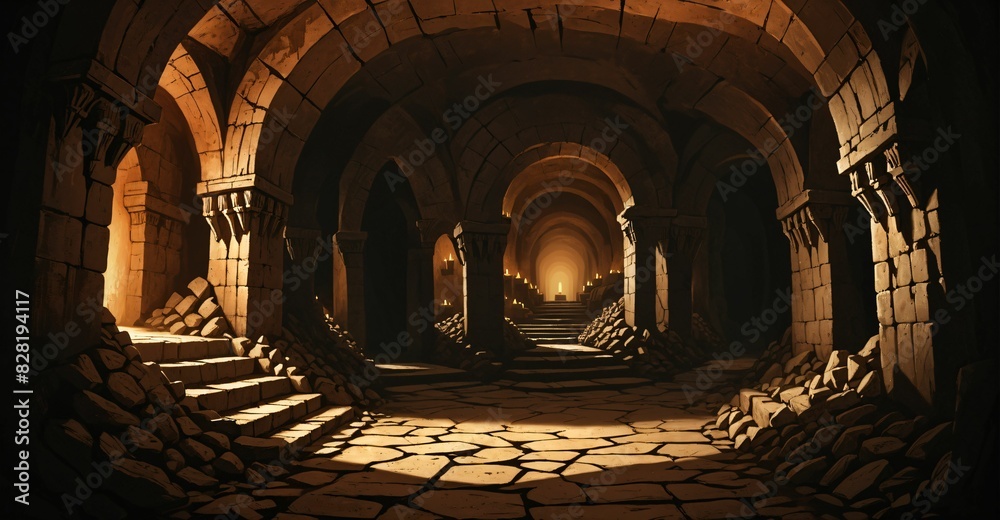 underground catacombs medieval fantasy dark tomb with walkways skulls ...