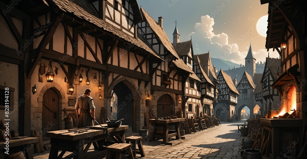 medieval market shopping district outdoors. blacksmith forge master ...