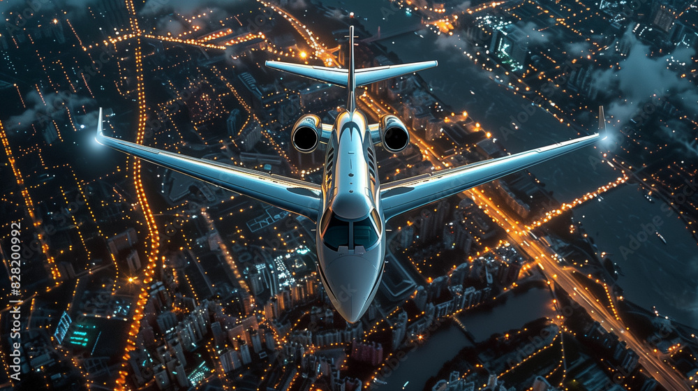 A private jet in mid flight over a city. Night time, High angle, Birds ...