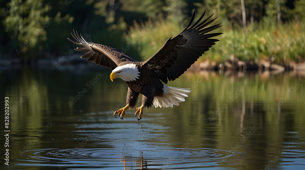 Symmetrical photo of a Bald eagle flying above a Pond and its ...