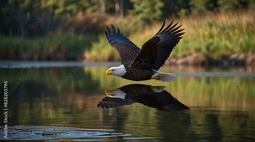 Symmetrical photo of a Bald eagle flying above a Pond and its ...