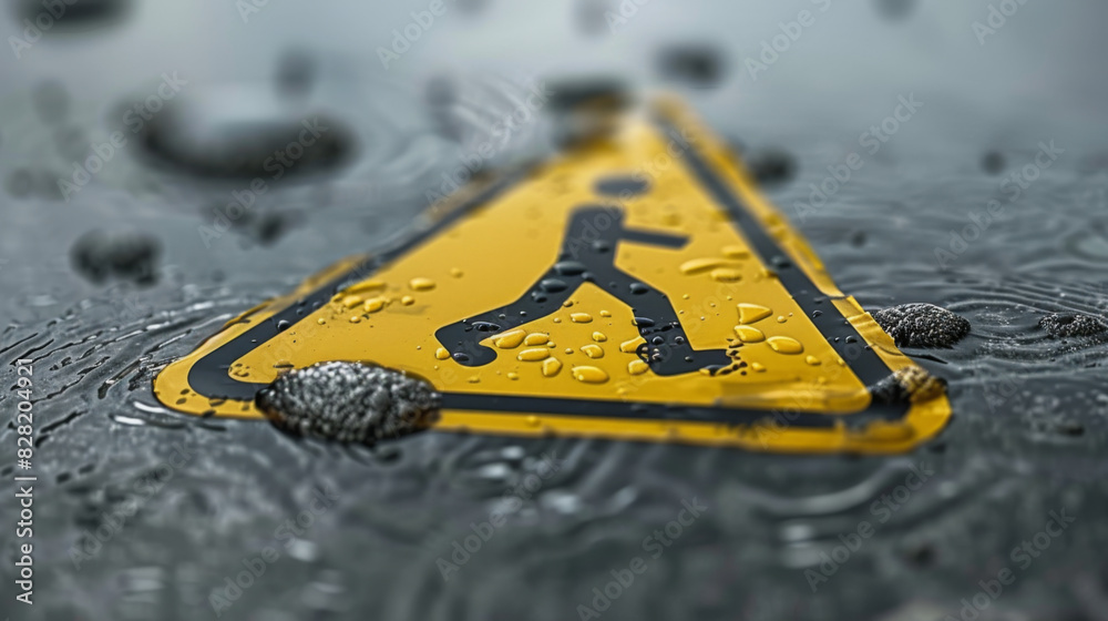 Caution wet floor sign submerged in water on a rainy day, warning ...