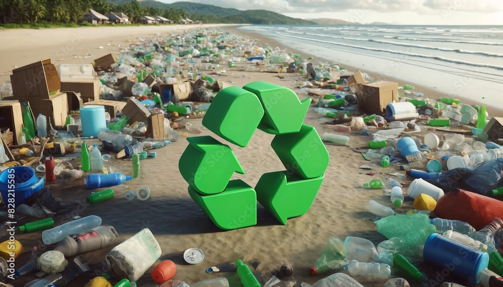 Green 3D Recycling Symbol on Beach Surrounded by Plastic Waste (Wide ...