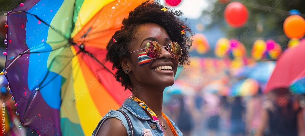 Black woman and colorful umbrella on festival parade. LGBT pride gay ...