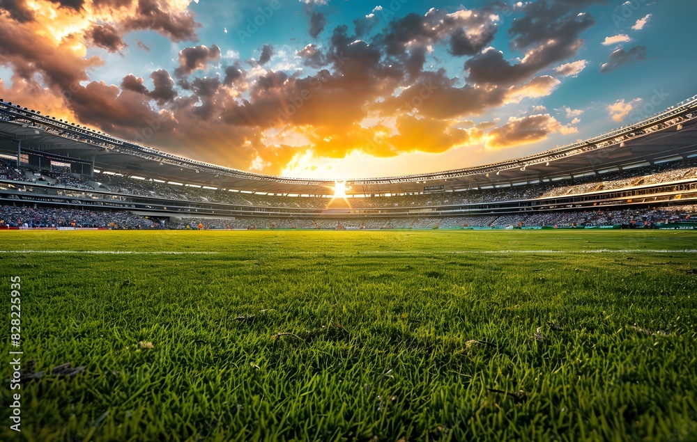 Soccer stadium with green grass field, stands full of fans and sunset ...